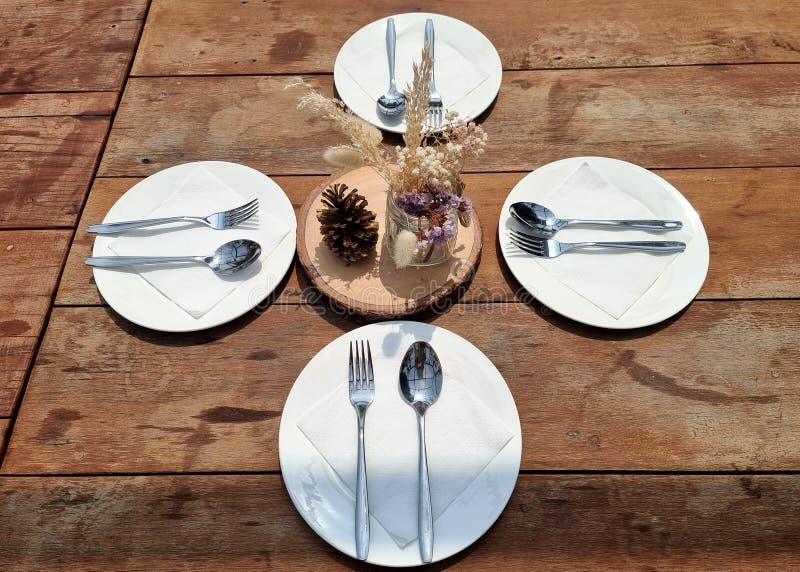 Basic Table Settings with Equipped Utensils Stock Image - Image of wood ...