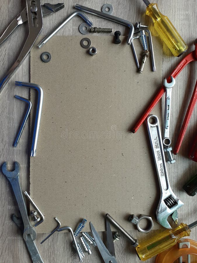 Basic Tools with Blank Card Board on Desk Stock Image - Image of weapon ...