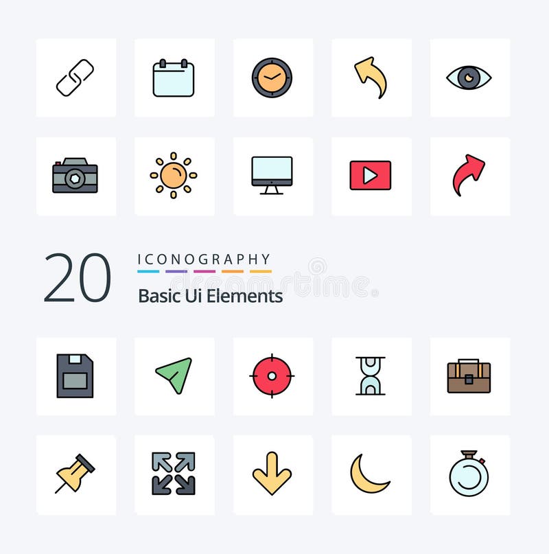 20 Basic Ui Elements Line Filled Color Icon Pack Like Case Bag Archer ...