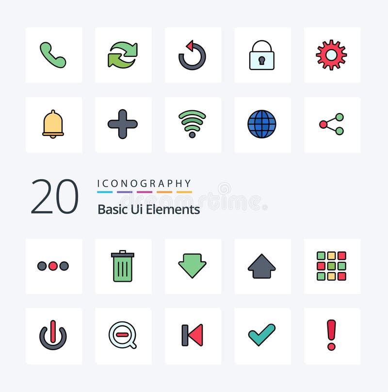 20 Basic Ui Elements Line Filled Color Icon Pack Like Shape Web Trash Upload Arrow Stock Vector ...