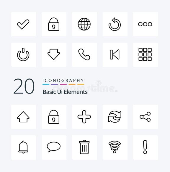 20 Basic Ui Elements Line Icon Pack Like Login Security Plus Lock Tick Stock Vector ...