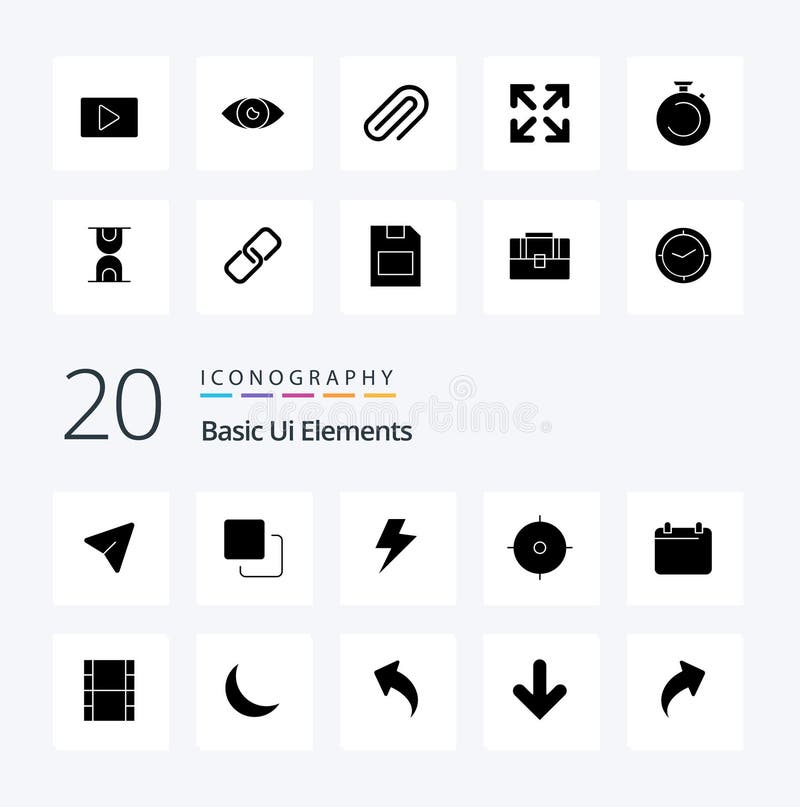20 Basic Ui Elements Solid Glyph Icon Pack Like Date Calender Power Aim Target Stock Vector ...