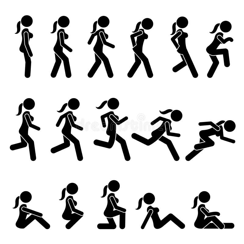 Basic Woman Walk And Run Actions And Movements Stock Vector