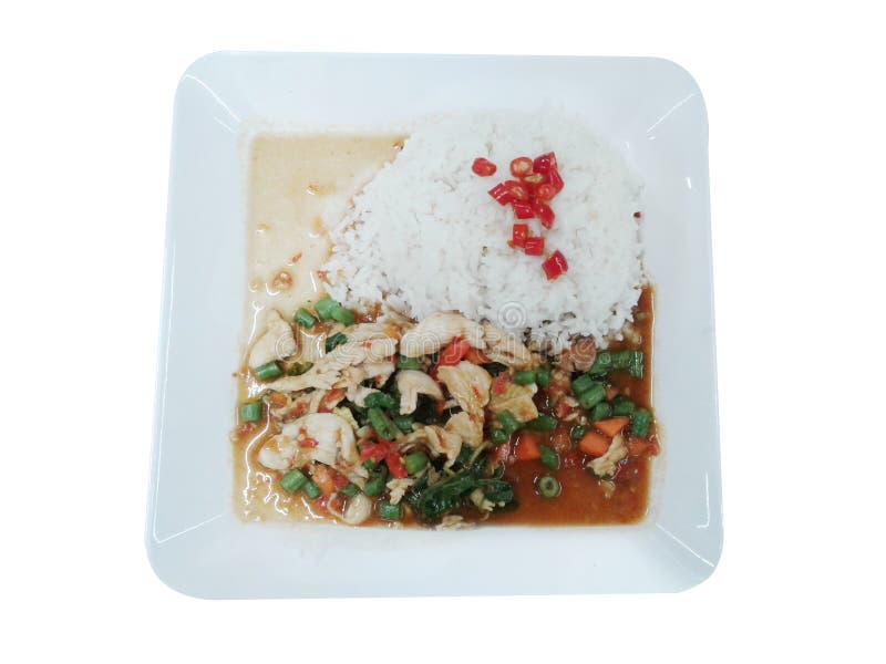 Basil Chicken Riso Completato Con in Padella E Basilico Illustrazione ...