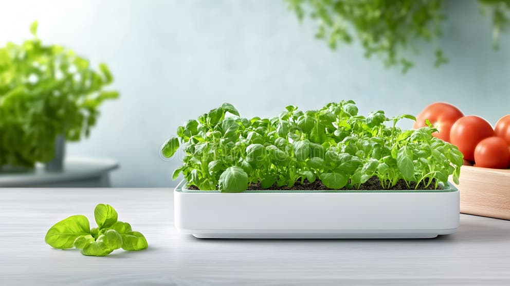 Basil Growing in Rectangular White Container on Kitchen Table Perfect ...