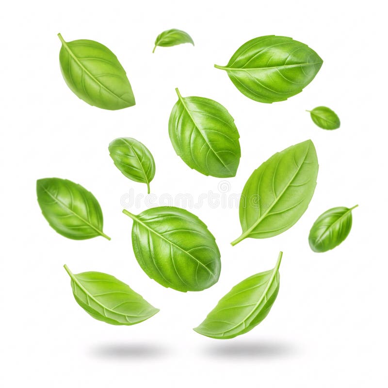 Basil Leaves Falling Isolated on a White Background Stock Image - Image ...