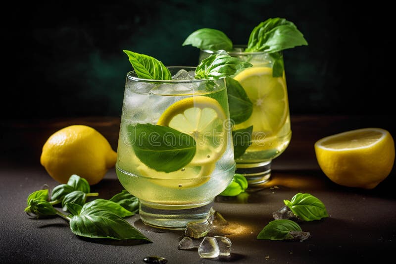 Basil and Lemon Spritz Two Glasses of Lemonade with Basil Leaves on a ...