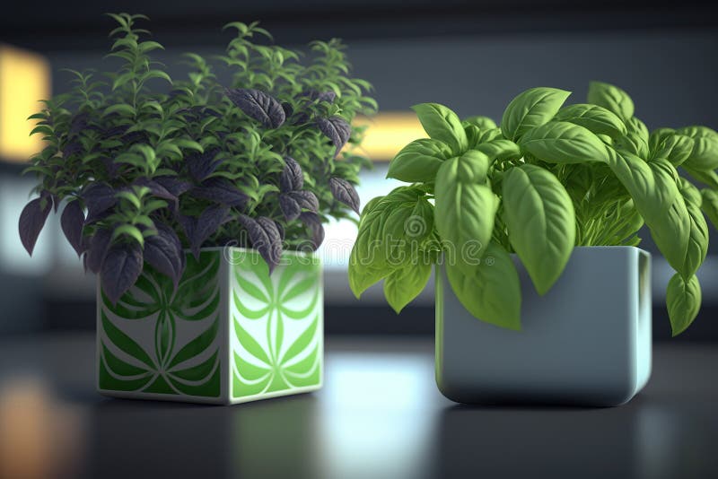 Basil and Mint Spring Plants Growing in Pots Indoors Stock Illustration ...
