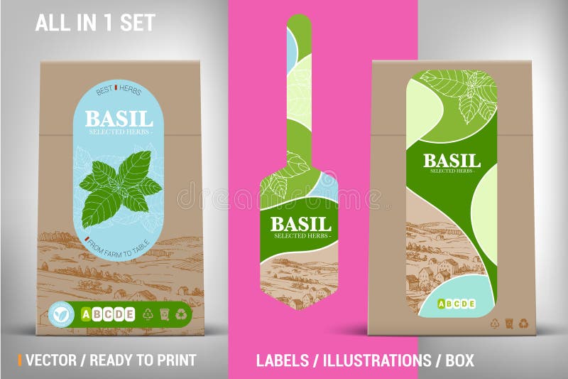 Basil Packaging Design Set - Vector Illustration with Labels and Boxes ...