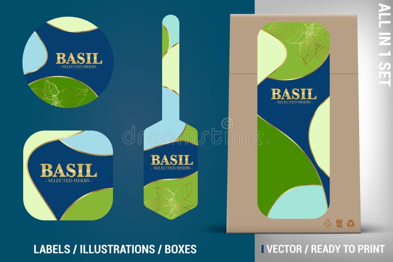 Basil Packaging Design Set - Vector Illustration with Labels and Boxes ...