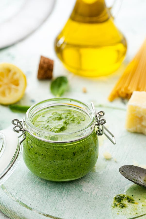 Basil Pesto in Jar. Italian Cousine Recipes Stock Photo - Image of ...