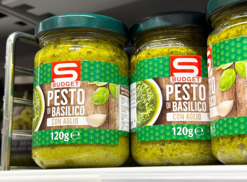 Basil Pesto Jars on Store Shelf with Garlic Ingredient Label Editorial ...