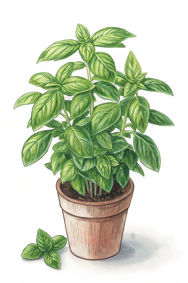 Basil Plant in a Pot with Aromatic Green Leaves Stock Illustration ...