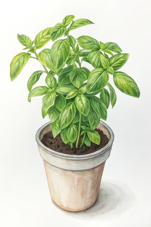 Basil Plant in a Pot with Fragrant Green Leaves Stock Illustration ...