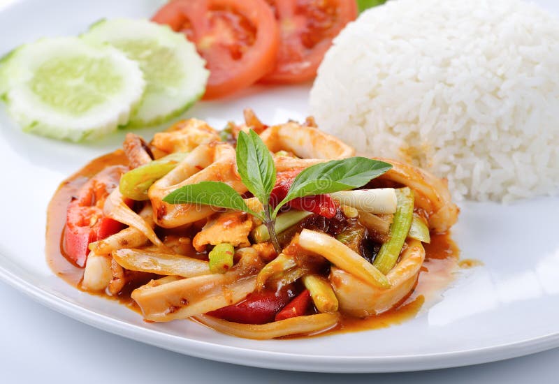 Basil Squid with rice stock image. Image of traditional - 69604603