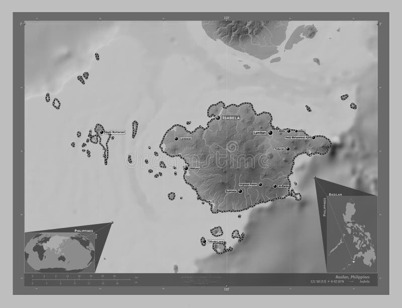 Basilan, Philippines. Grayscale. Labelled Points of Cities Stock ...