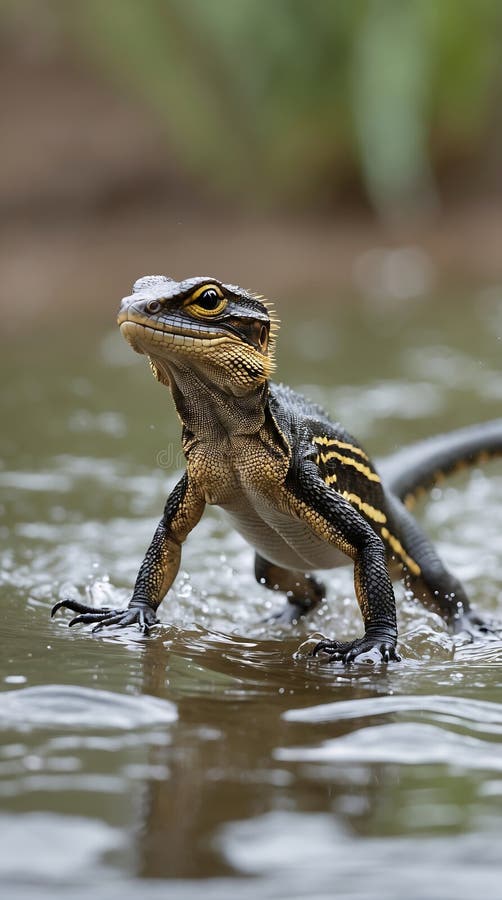 Basilisk Lizard Running Across a Wet Surface Showcasing Agility and ...