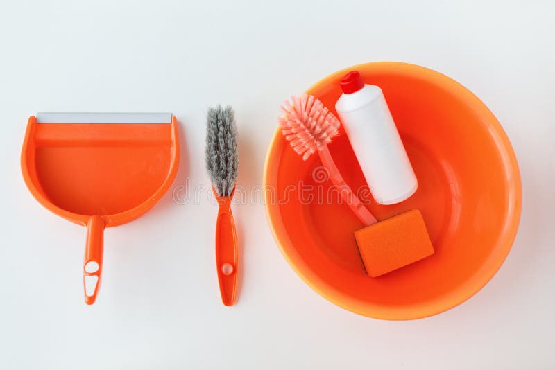 Basin with Cleaning Stuff on White Background Stock Image - Image of ...