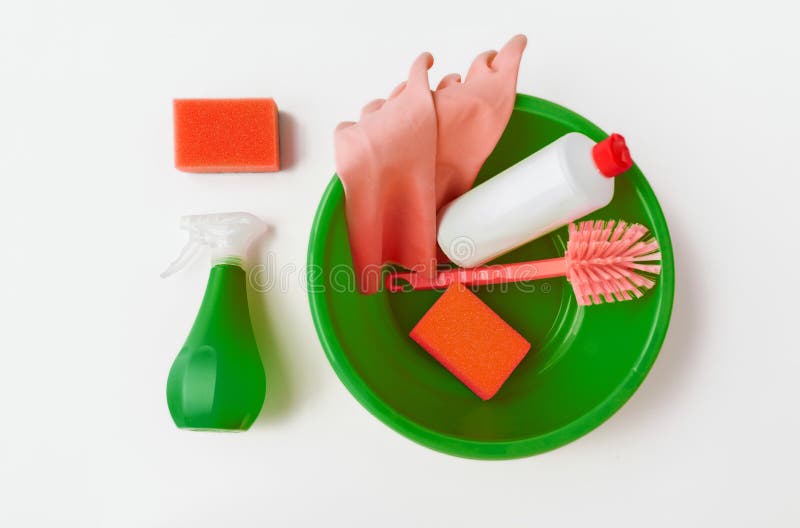 Basin with Cleaning Tools on White Background Stock Photo - Image of ...