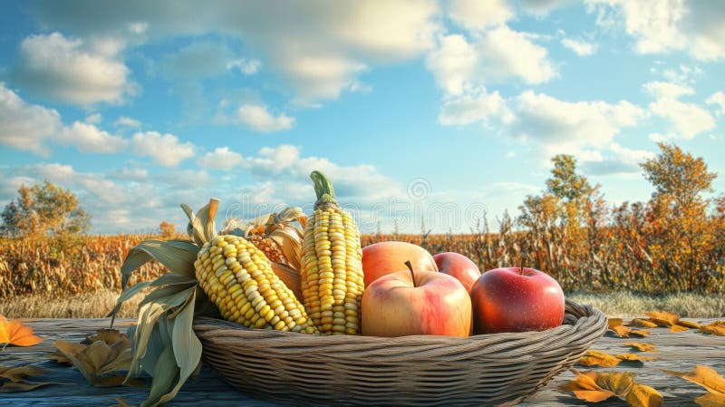 A Basket of Apples, Corn and an Apple on a Table, AI Stock Image ...