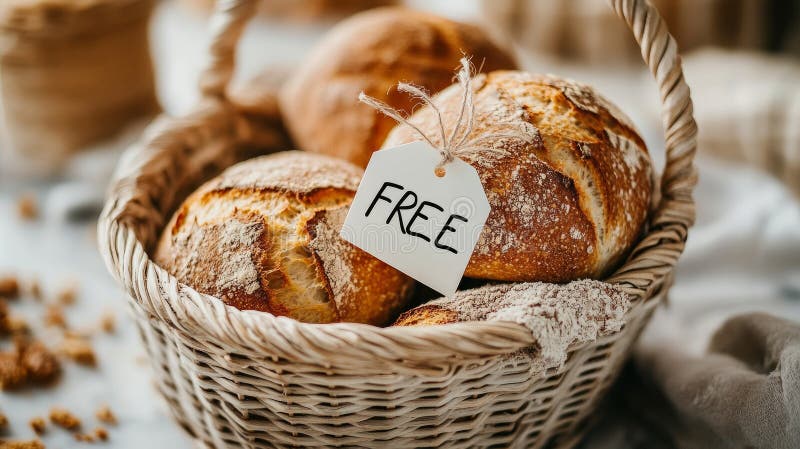Basket of Artisanal Bread with a Free Tag. Stock Image - Image of ...