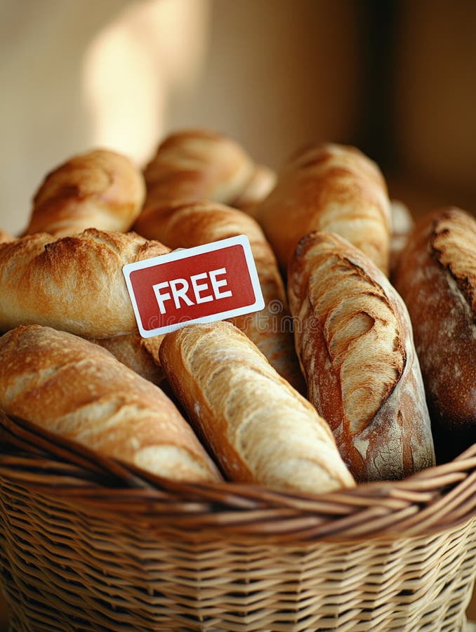 Basket of Assorted Bread with a Free Sign. Stock Image - Image of buns ...