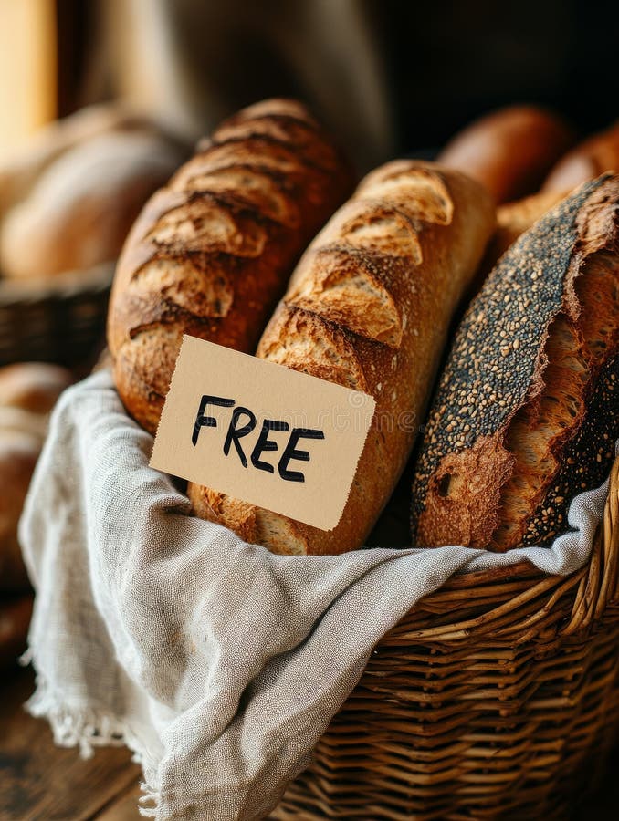 Basket of Assorted Bread Loaves with a Free Sign. Stock Photo - Image ...