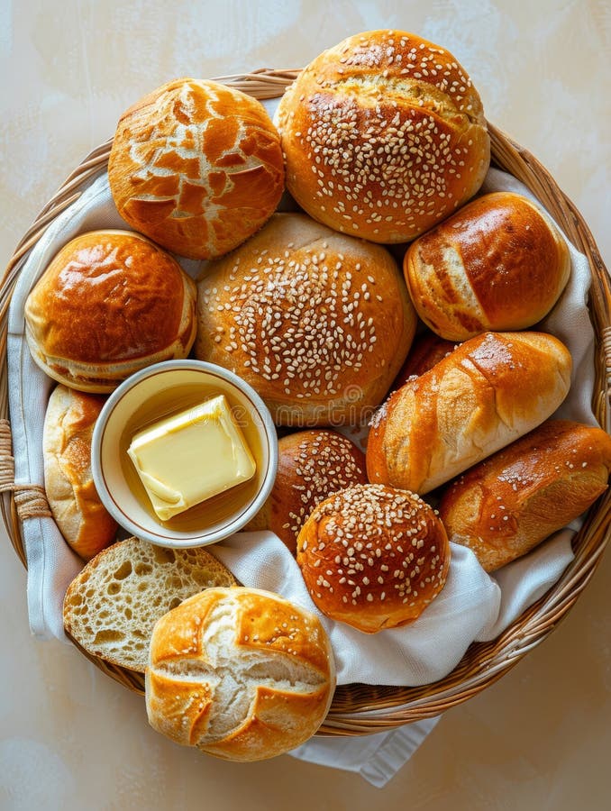 Basket of Assorted Breads with Butter on a Cloth. Stock Image - Image ...