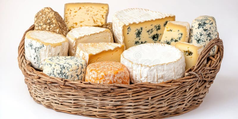 A Basket of Assorted Cheeses, Including Blue Cheese and White Cheese ...
