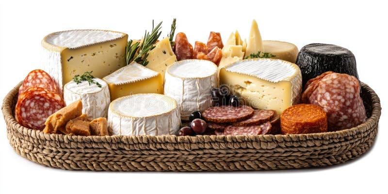 A Basket of Assorted Cheeses and Meats Stock Photo - Image of piece ...