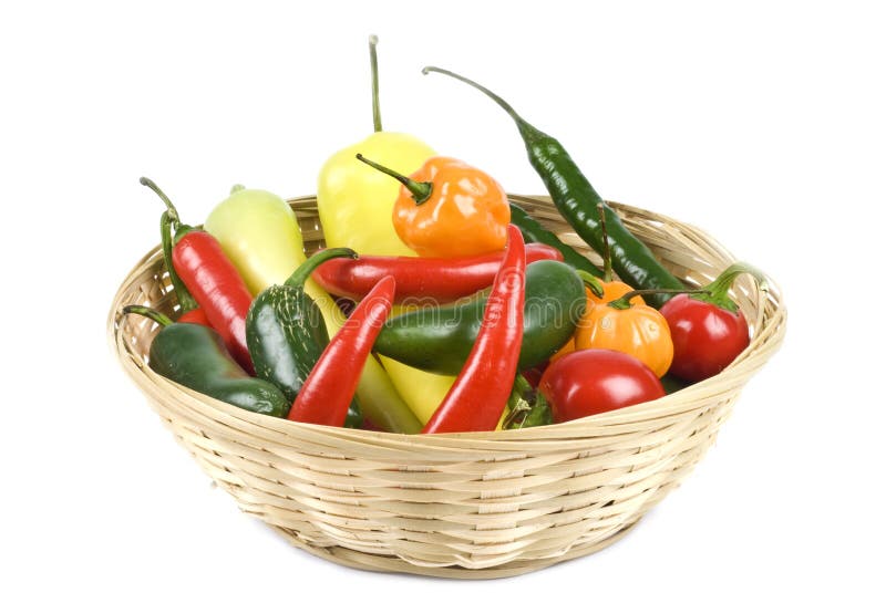 Basket of Assorted Hot Peppers Isolated on White Stock Photo - Image of ...