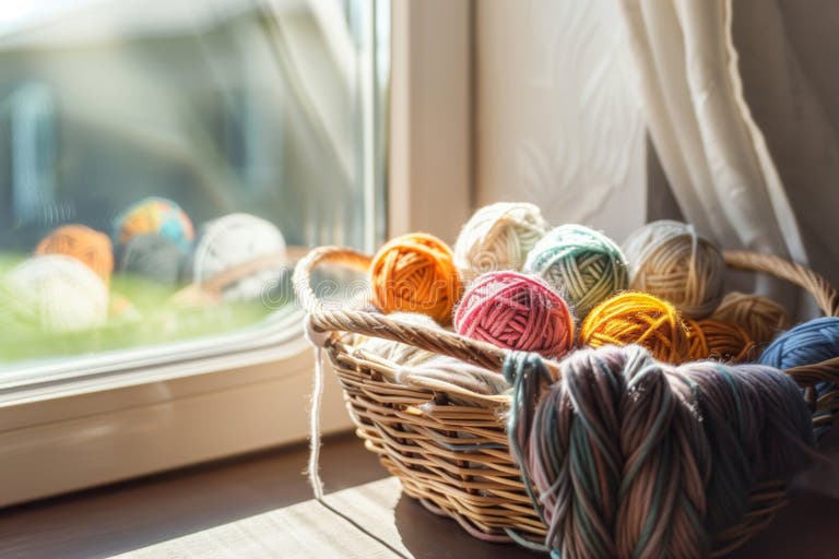 Basket of Assorted Yarn Balls beside a Sunny Window Stock Image - Image ...