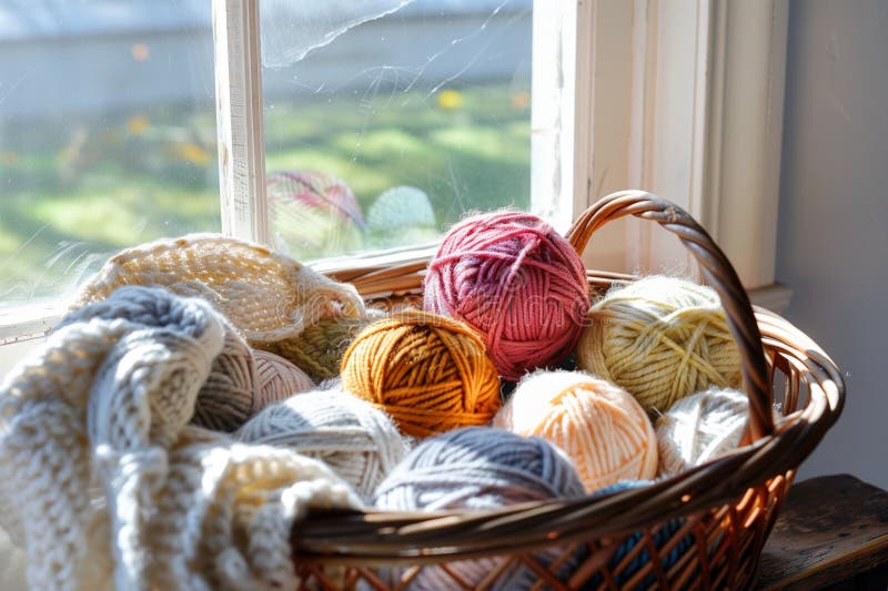 Basket of Assorted Yarn Balls beside a Sunny Window Stock Image - Image ...