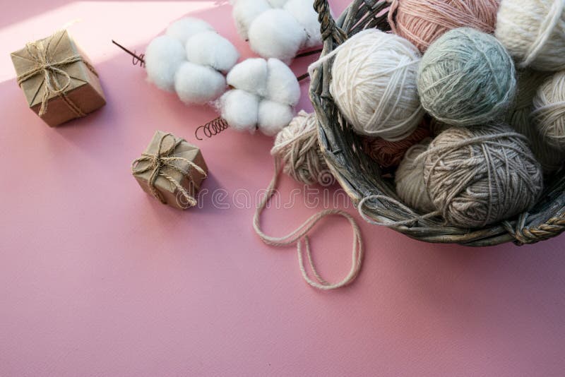 Basket with Balls of Thread. Gift Boxes. Decorations for the Holiday ...