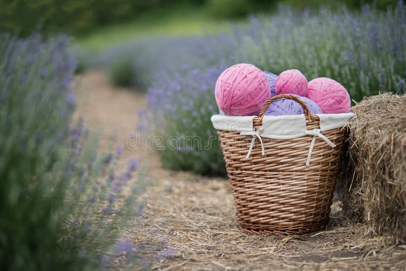 Basket with Big Tangles of Thread Stands in Lavender Field Stock Photo ...
