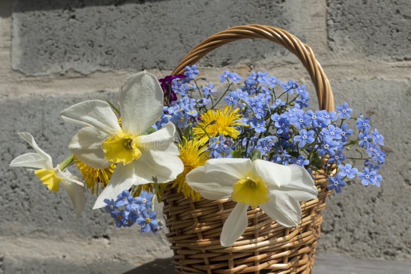 Basket with a Bouquet of Spring Flowers Stock Photo - Image of colorful ...