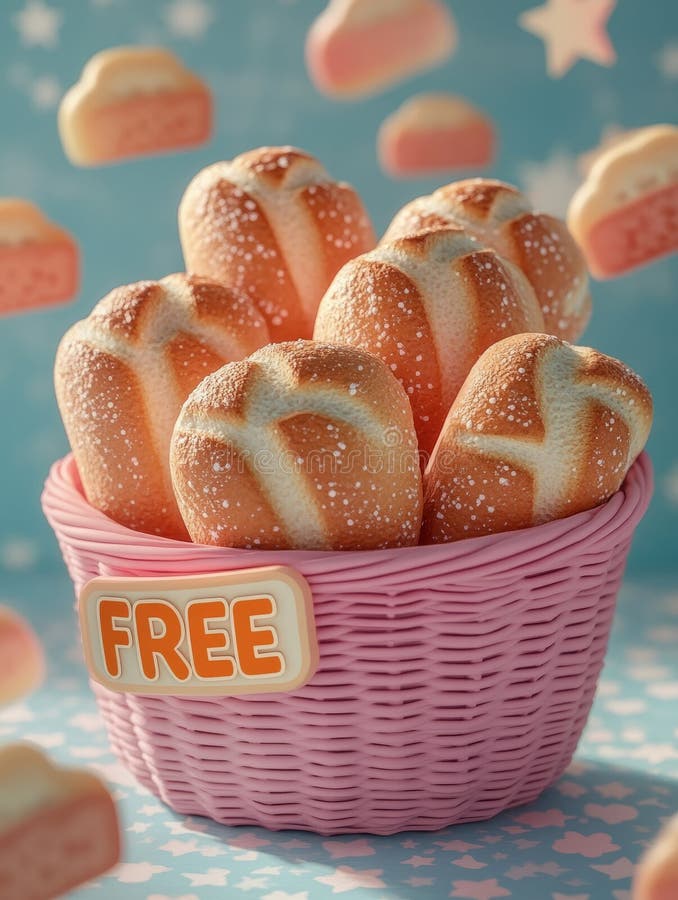 Basket of Bread with Free Label in Whimsical Style. Stock Image - Image ...
