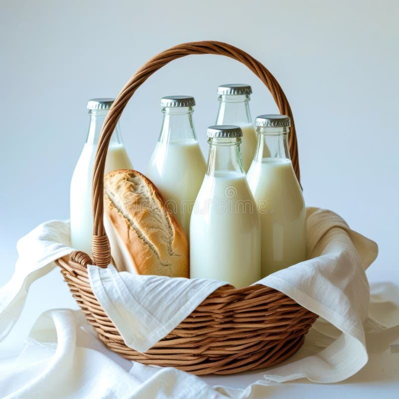 Basket of bread and milk stock image. Image of flower - 393034293