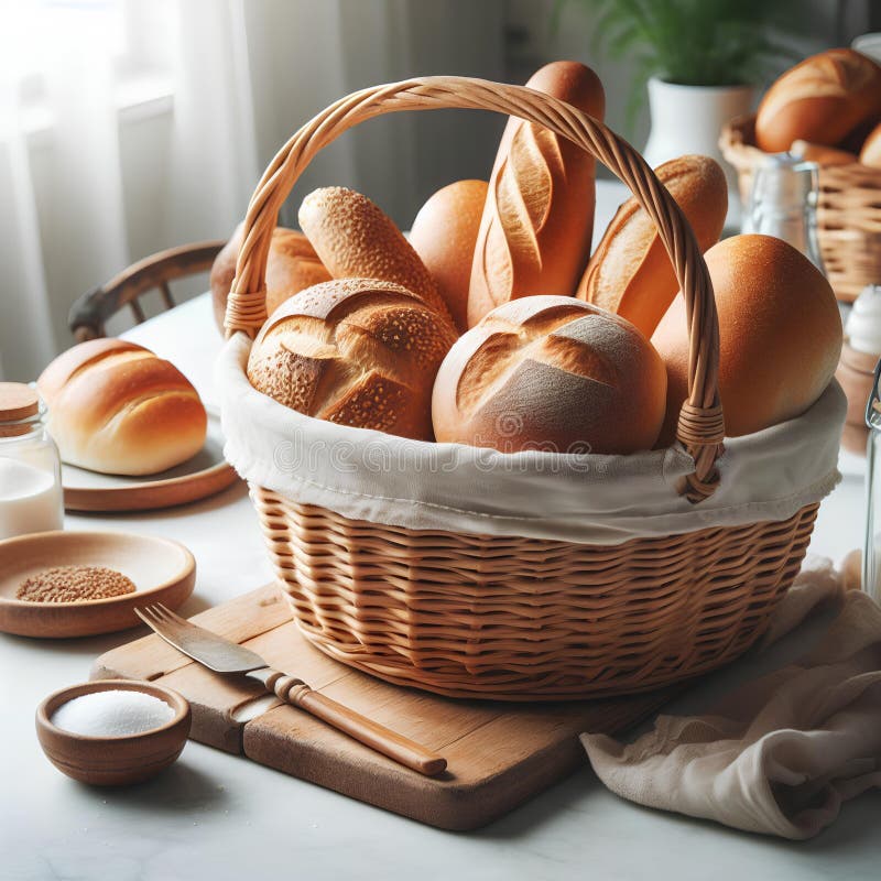 A Basket of Bread Rolls on a White Kitchen Counter Stock Illustration ...