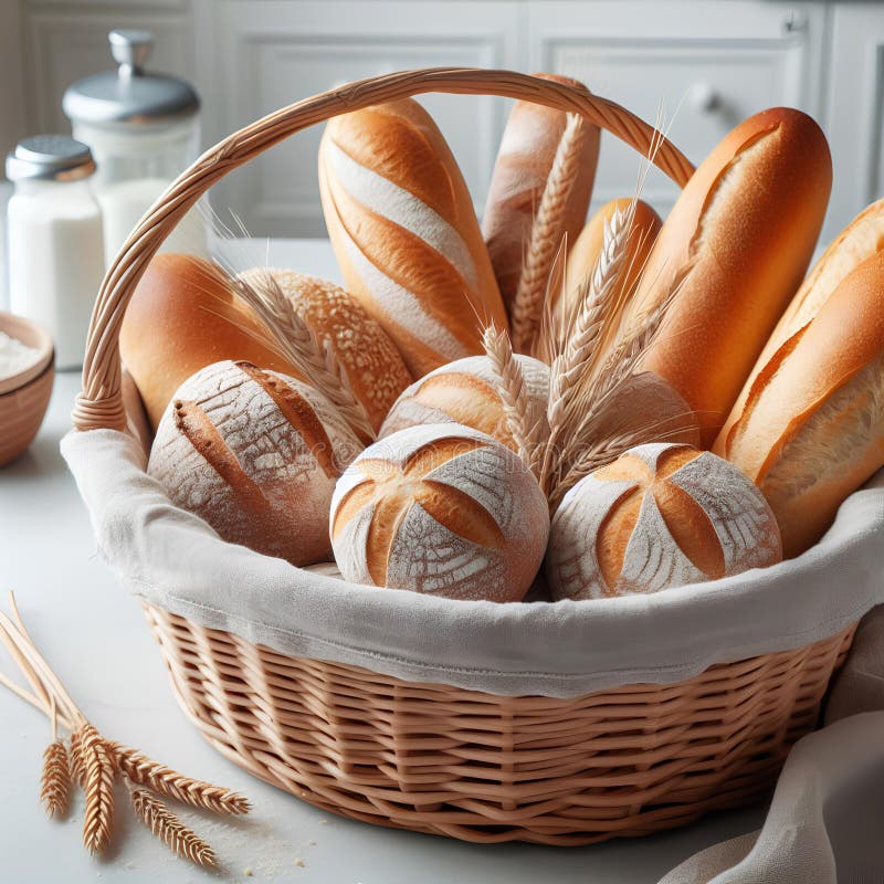 A Basket of Bread Rolls on a White Kitchen Counter Stock Illustration ...