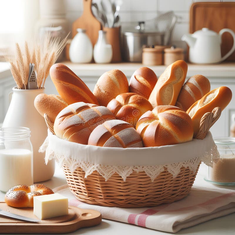 A Basket of Bread Rolls on a White Kitchen Counter Stock Illustration ...