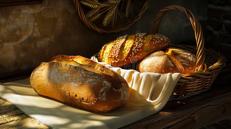 A Basket of Bread on a Table Stock Photo - Image of indoor, cloth ...