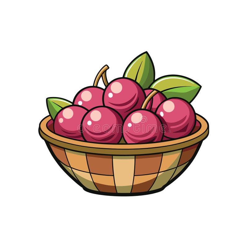 Basket of Cherries Cartoon Illustration, Vector Art Stock Illustration ...
