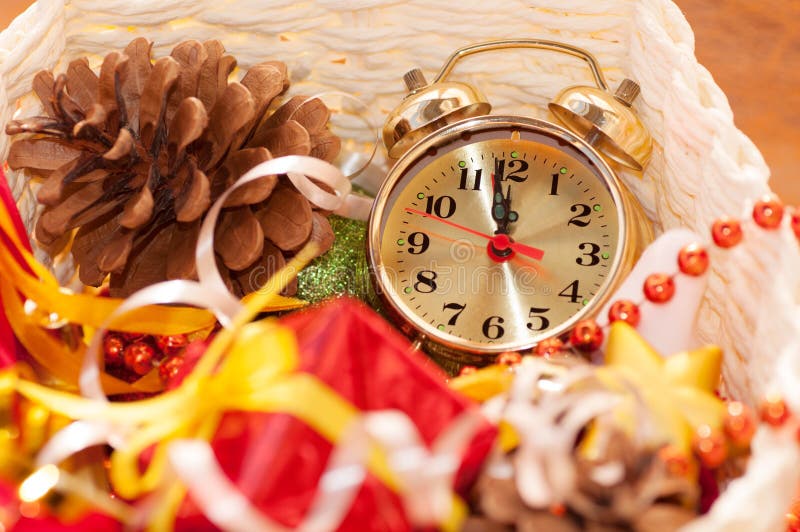 Basket with Christmas Toys and Clock Hands Stock Photo - Image of ...