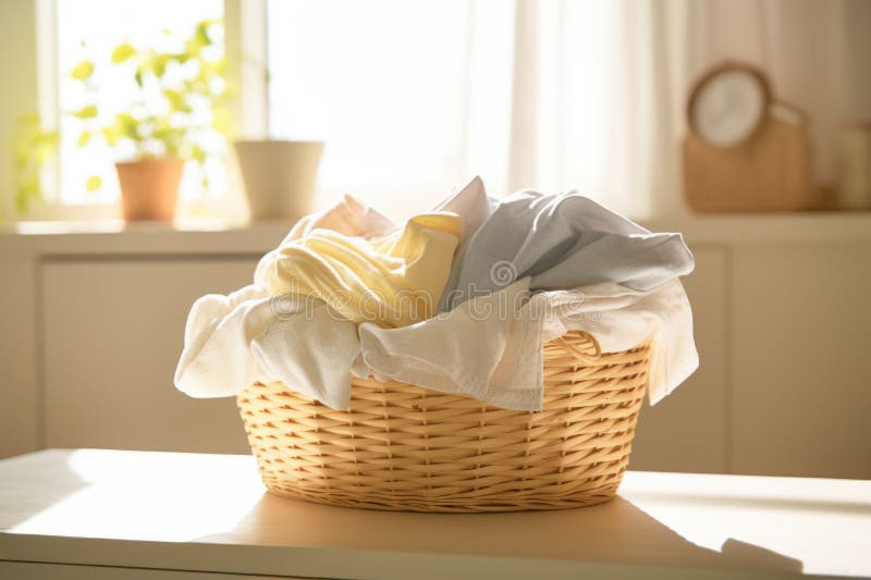 Basket of Clean Laundry in a Sunny Room Stock Image - Image of ...