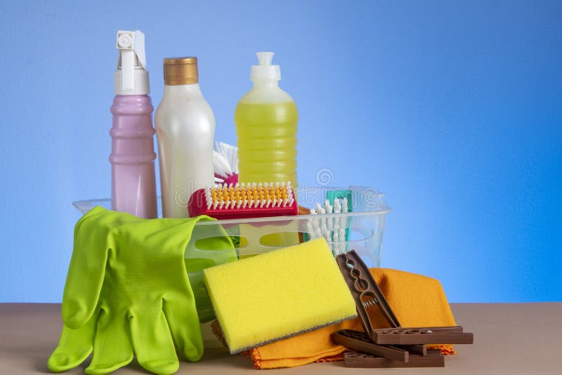 Basket with Cleaning Products for Home Hygiene Use Stock Image - Image ...