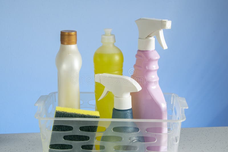 Basket with Cleaning Products for Home Hygiene Use Stock Image - Image ...