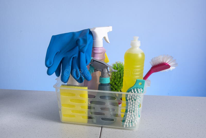 Basket with Cleaning Products for Home Hygiene Use Stock Image - Image ...