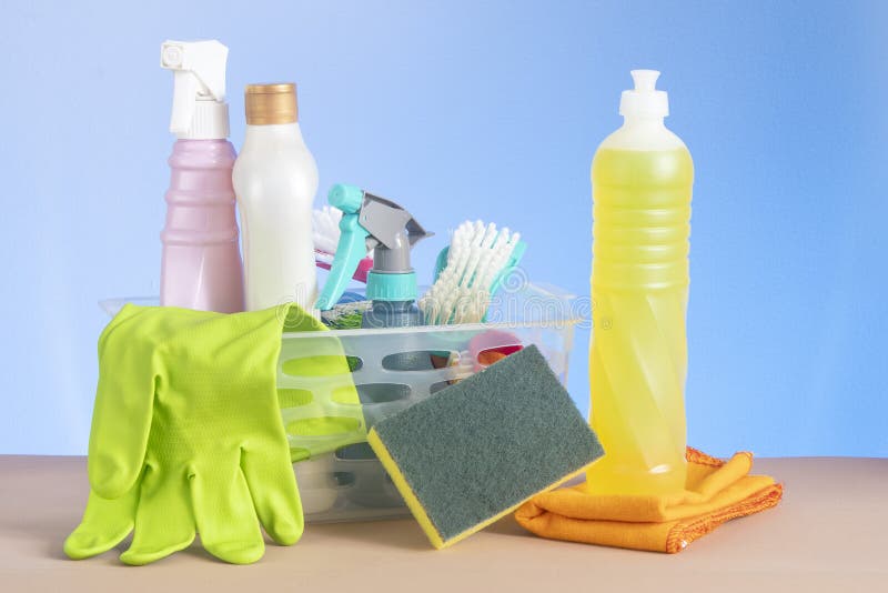 Basket with Cleaning Products for Home Hygiene Use Stock Image - Image ...