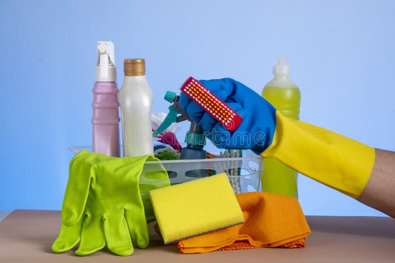 Basket with Cleaning Products for Home Hygiene Use Stock Image - Image ...